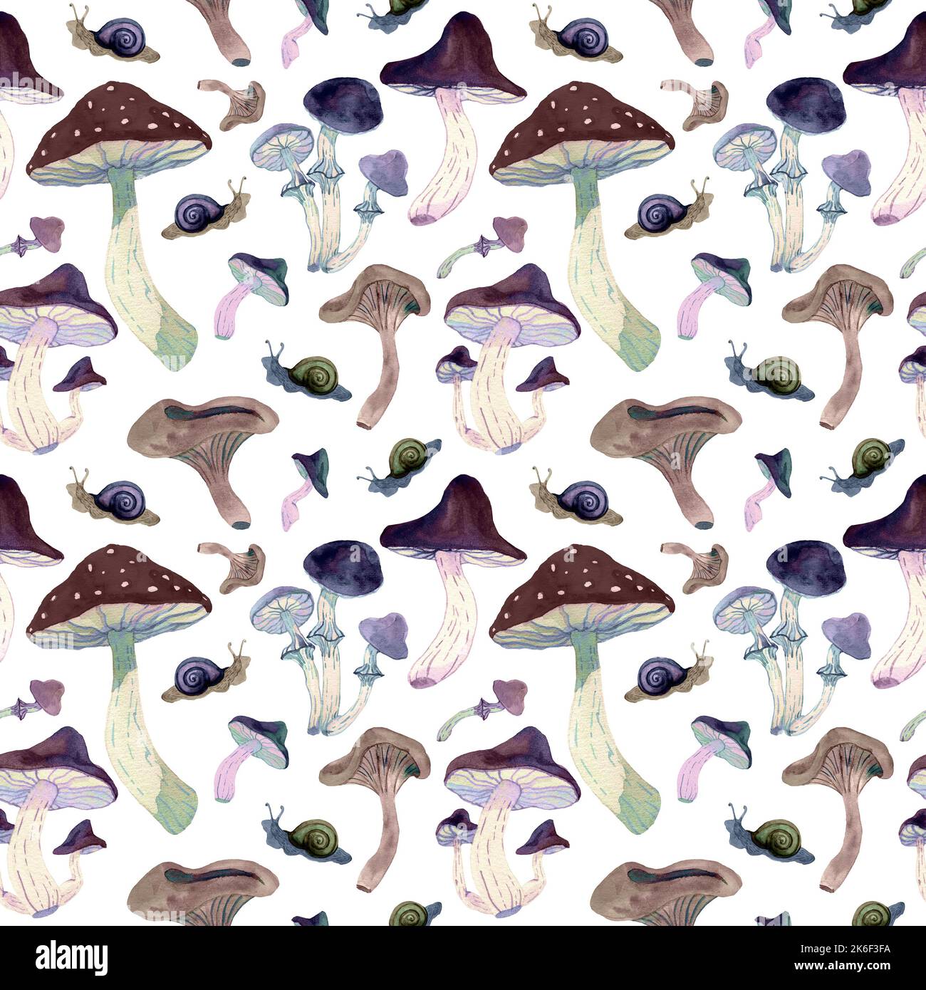 Seamless watercolor pattern of mushrooms on field. Russula, fly agaric ...