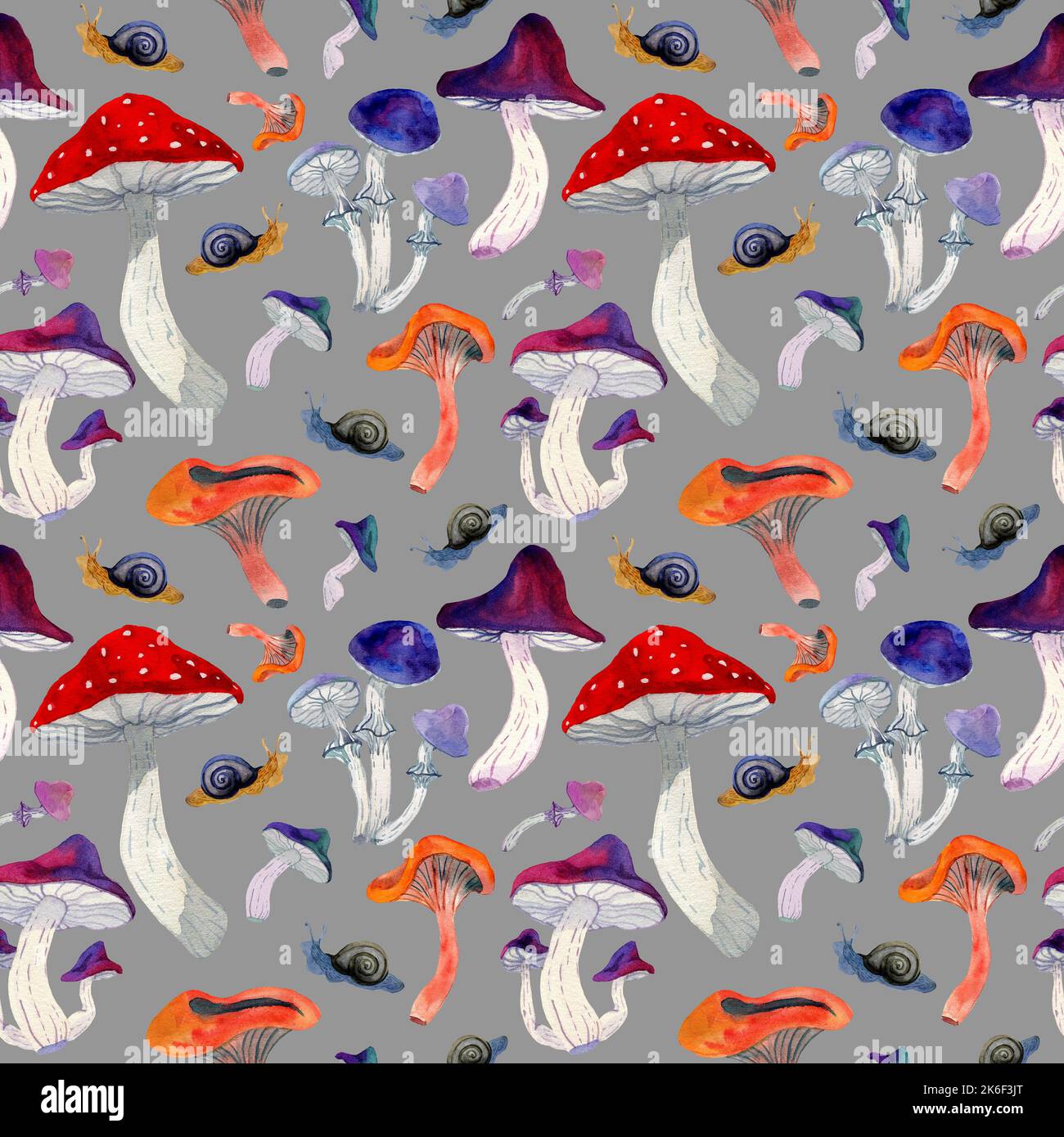 Seamless watercolor pattern of mushrooms on white field. Russula, fly ...