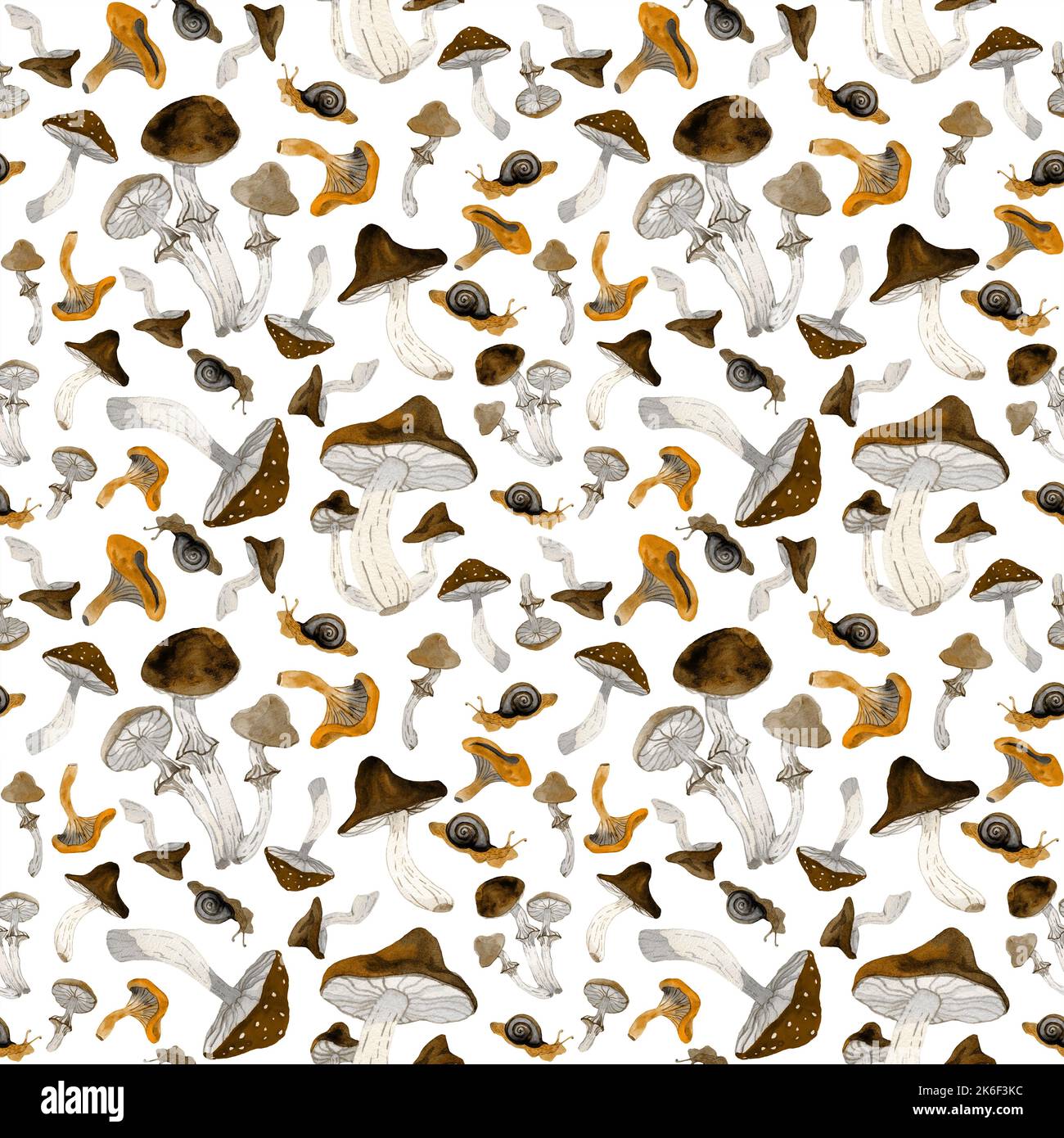 Seamless watercolor pattern of mushrooms on field. Russula, fly agaric ...