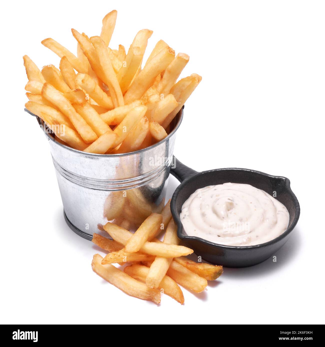 French fries potatoes in stylized metallic bucket isolated on white ...