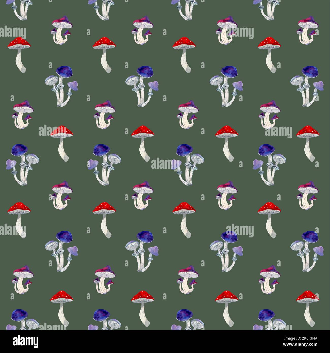 Seamless watercolor pattern of mushrooms on gray field. Russula, fly ...