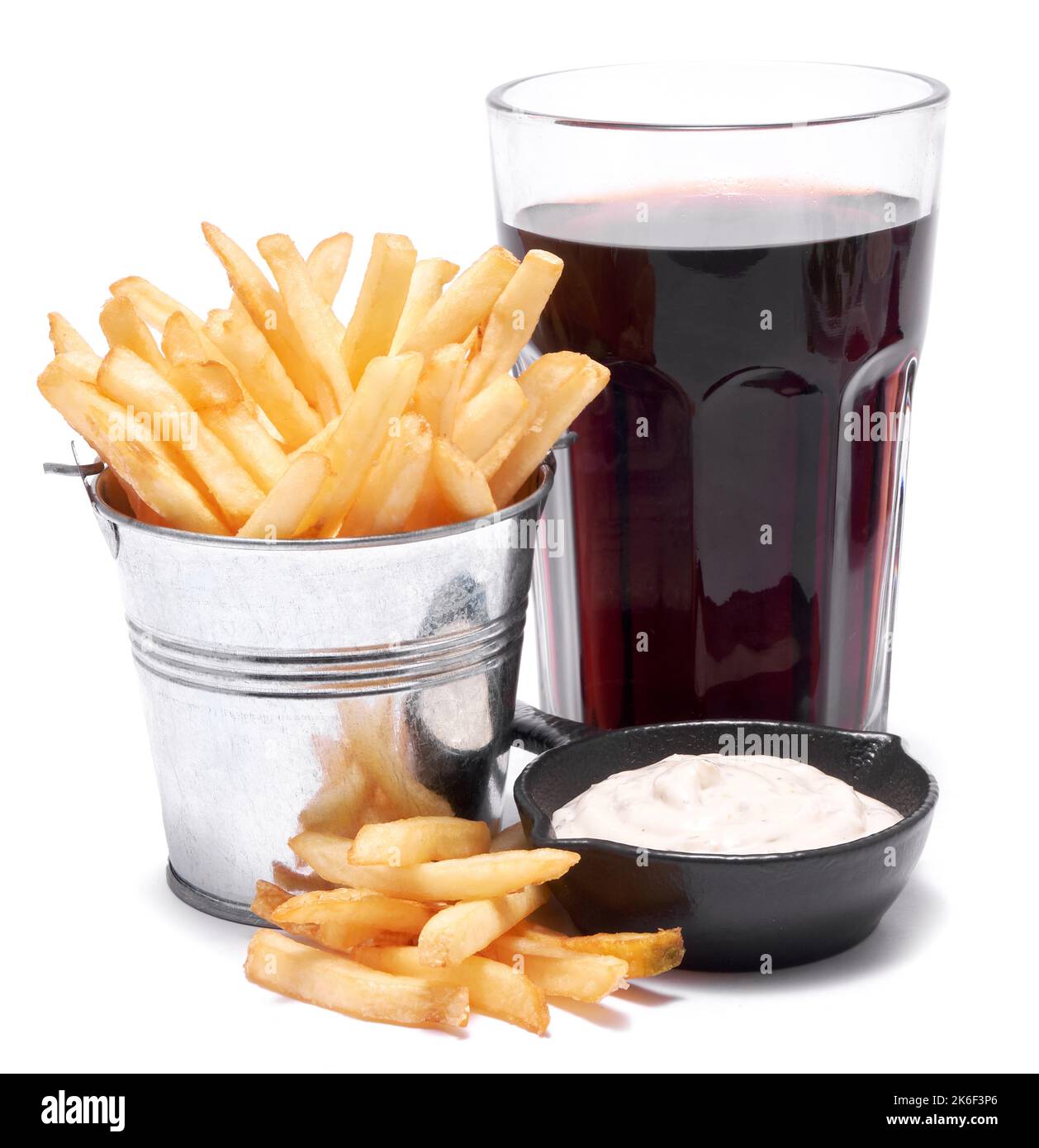 French fries potatoes in stylized metallic bucket isolated on white ...
