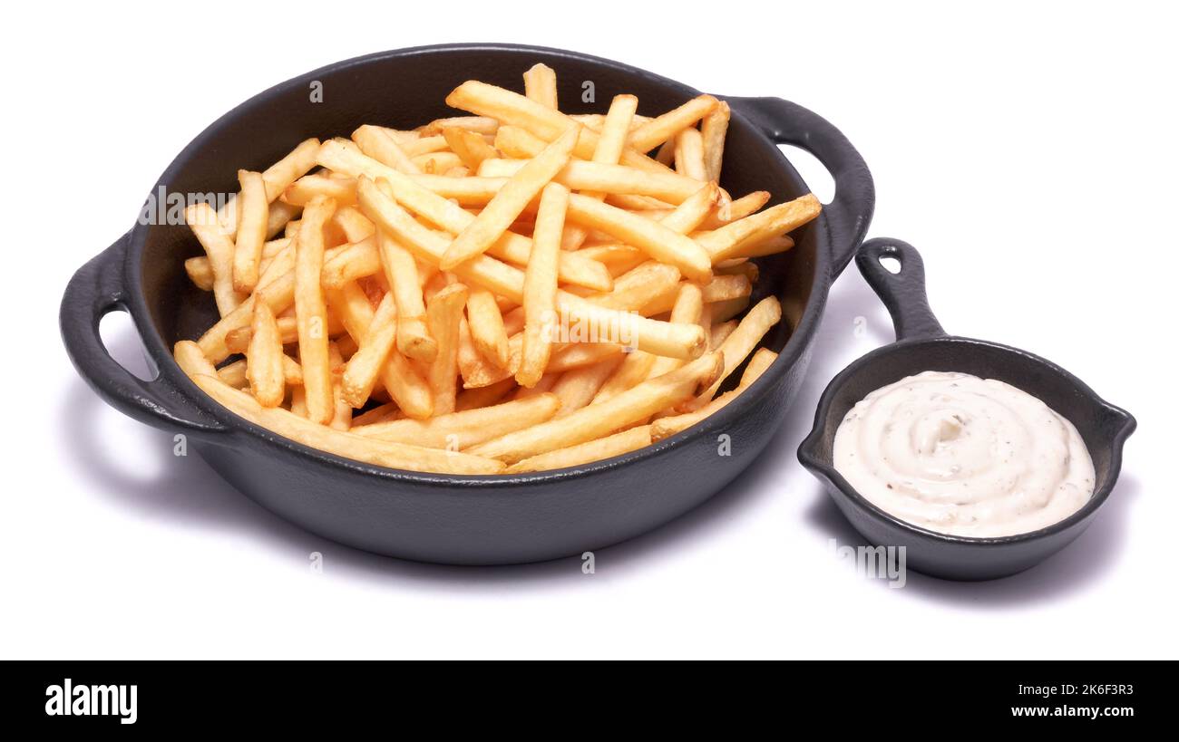 French fries potatoes in black ceramic bowl isolated on white ...