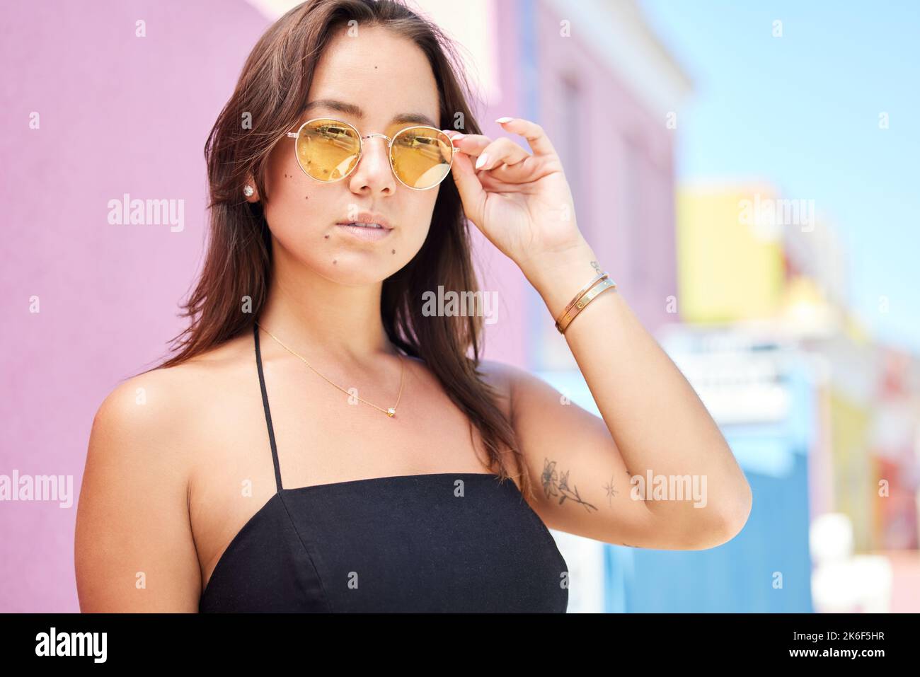 Face, fashion sunglasses and portrait of woman, cool and trendy style ...