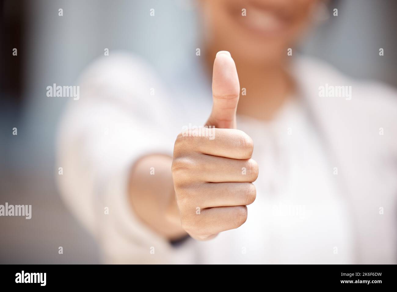 Thumbs up, woman hands and support vote, motivation and trust for thank ...
