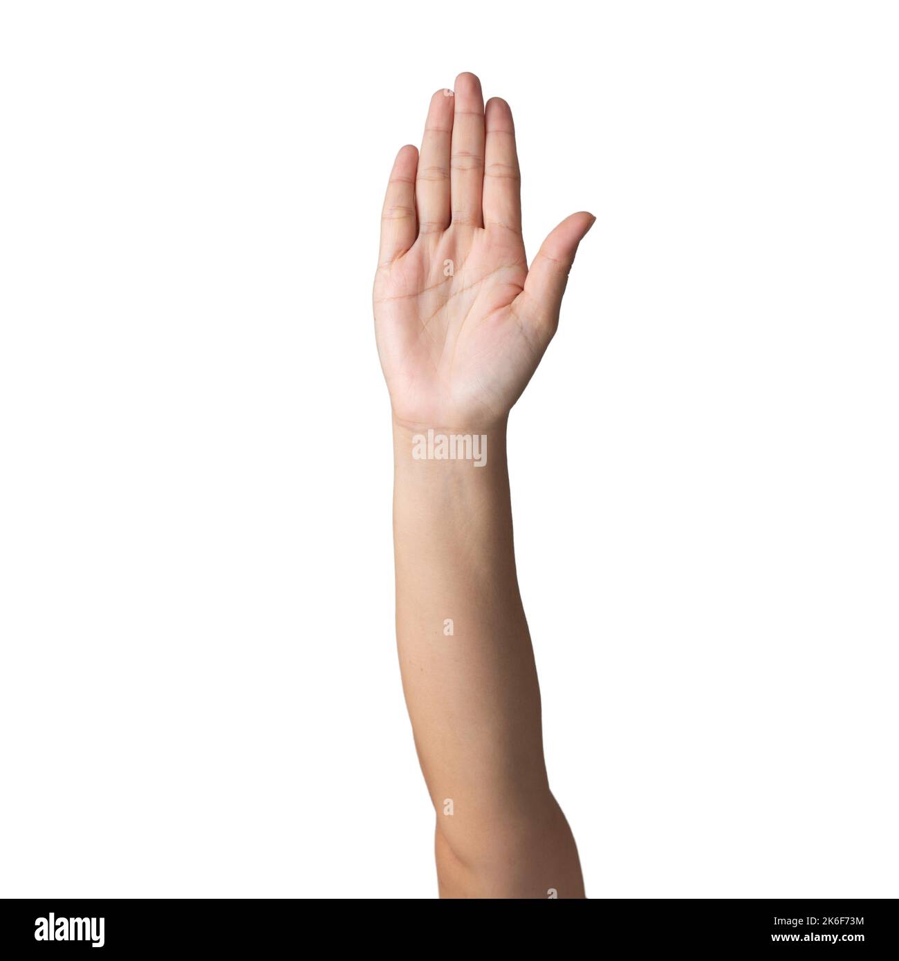 Closeup Beautiful female hand rise hand gesture Isolated on white ...
