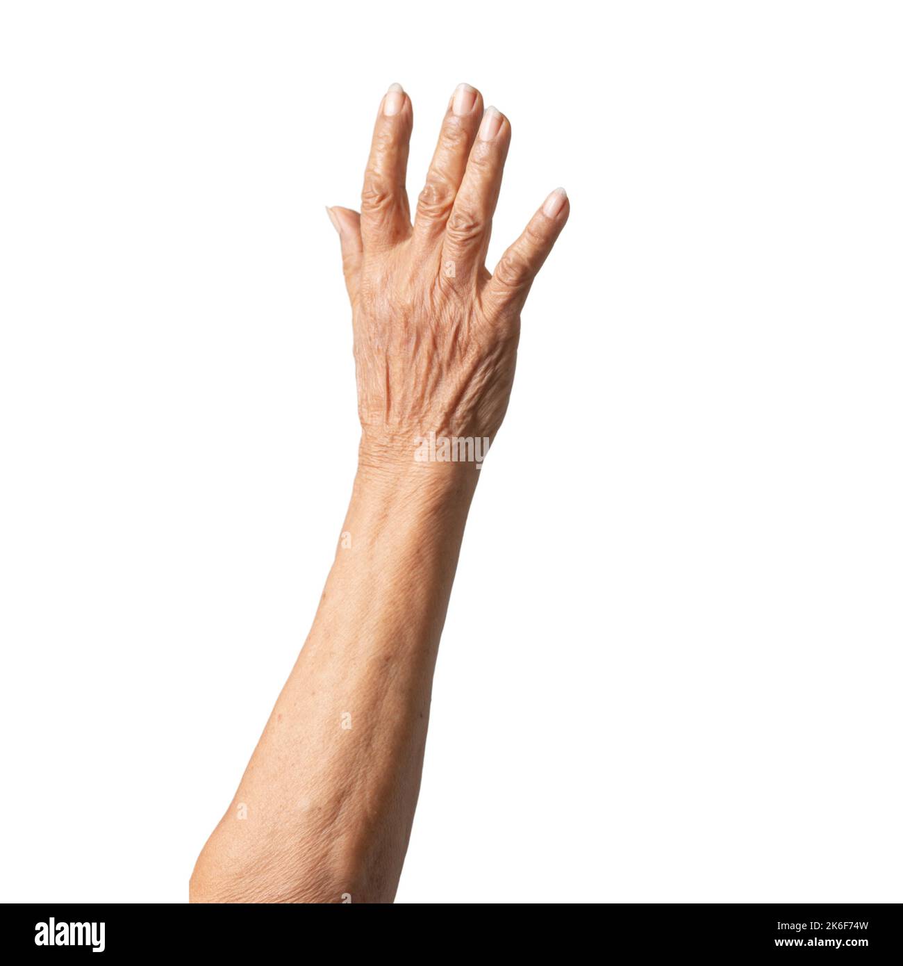 Closeup Beautiful female hand rise hand gesture Isolated on white ...