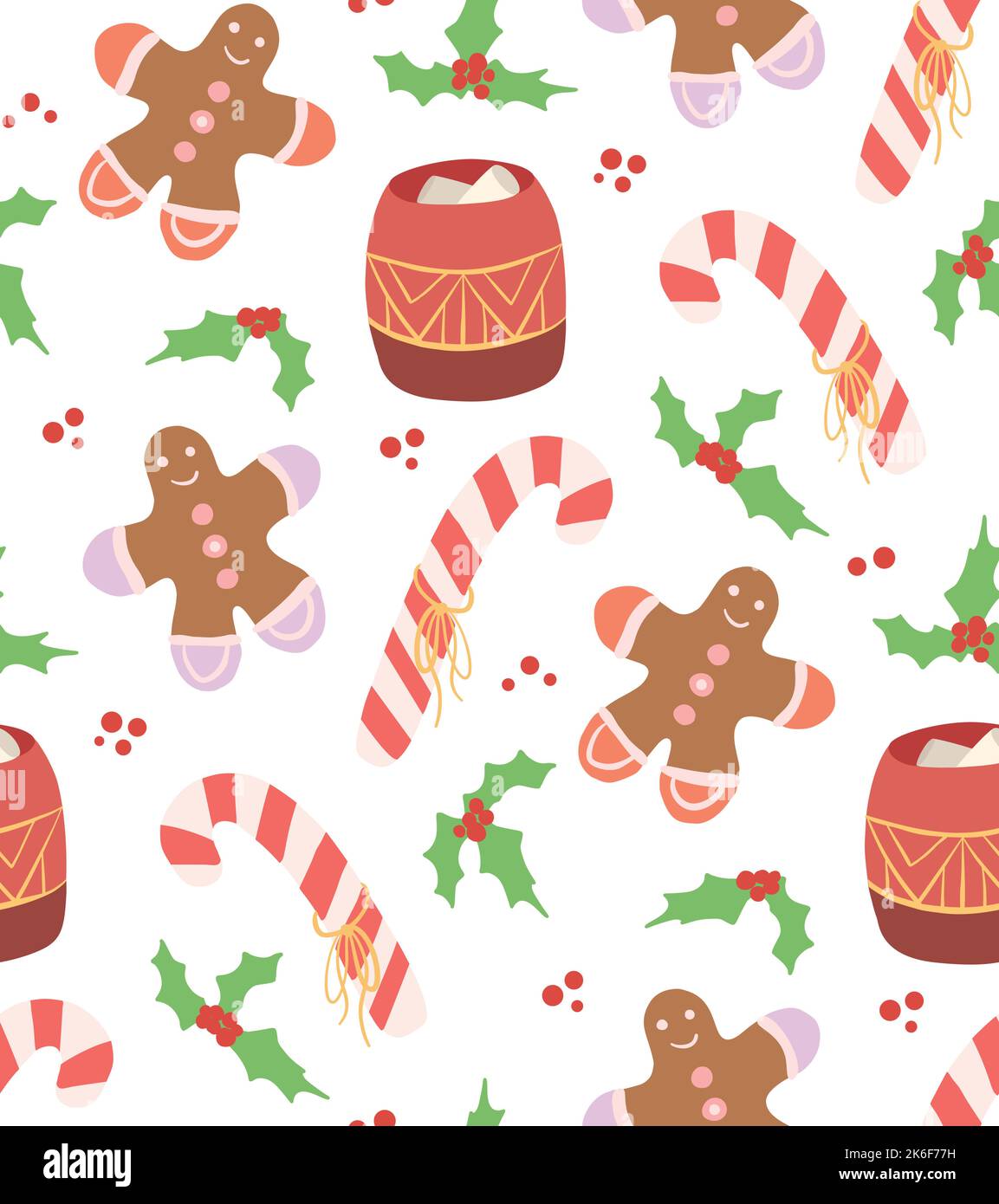 New year wallpaper with cartoon cocoa, candy and gingerbread man, holly ...