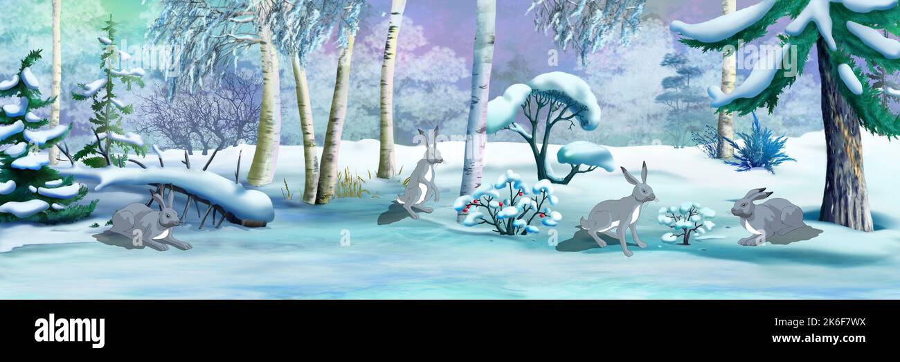 Gray Hares in a forest on a winter day. Digital Painting Background ...