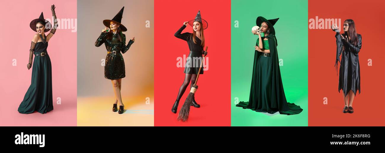 Collage with young witches on colorful background Stock Photo - Alamy