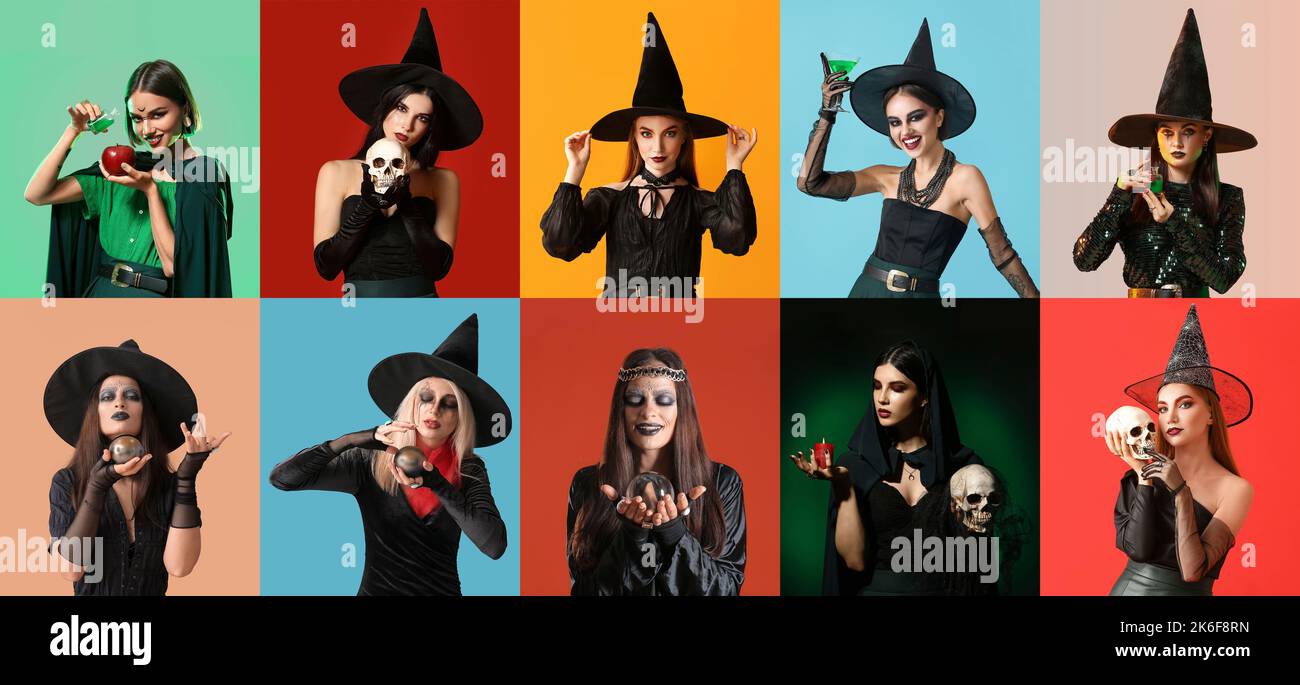 Collage with many young witches on colorful background Stock Photo - Alamy