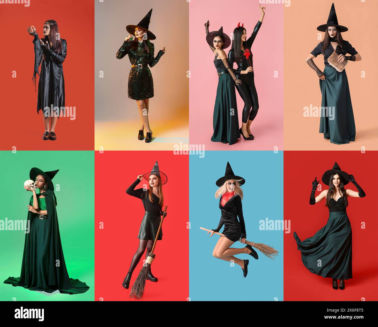 Collage with young witches on colorful background Stock Photo - Alamy