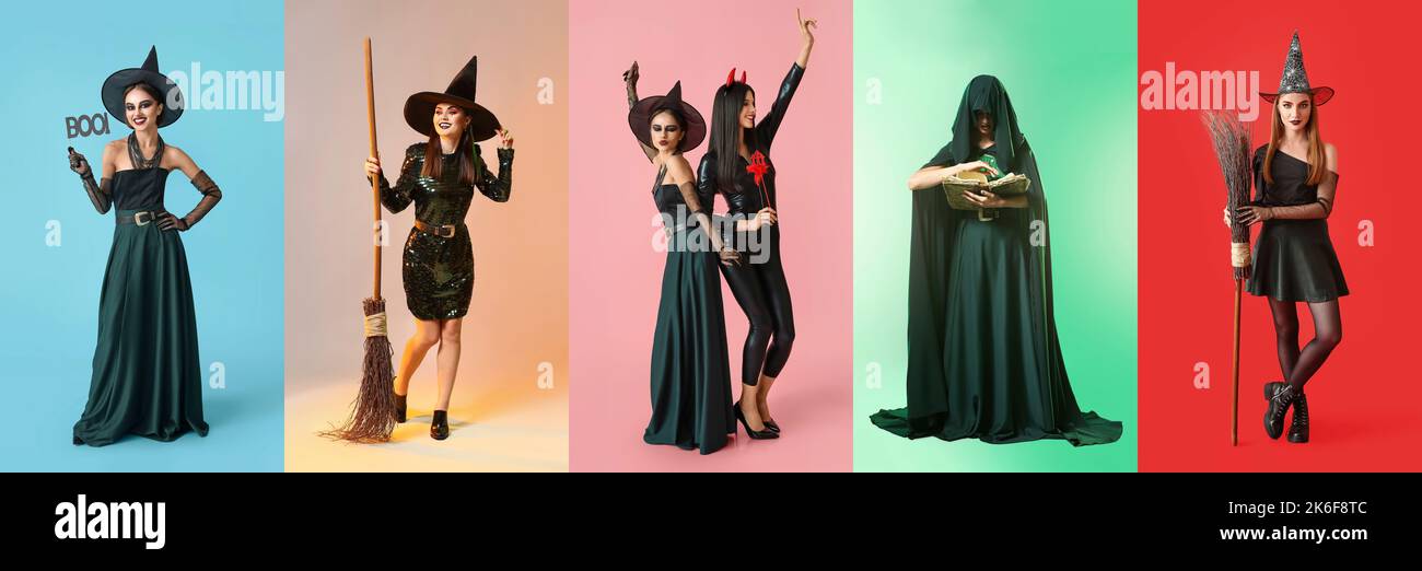 Collage with young witches on colorful background Stock Photo - Alamy