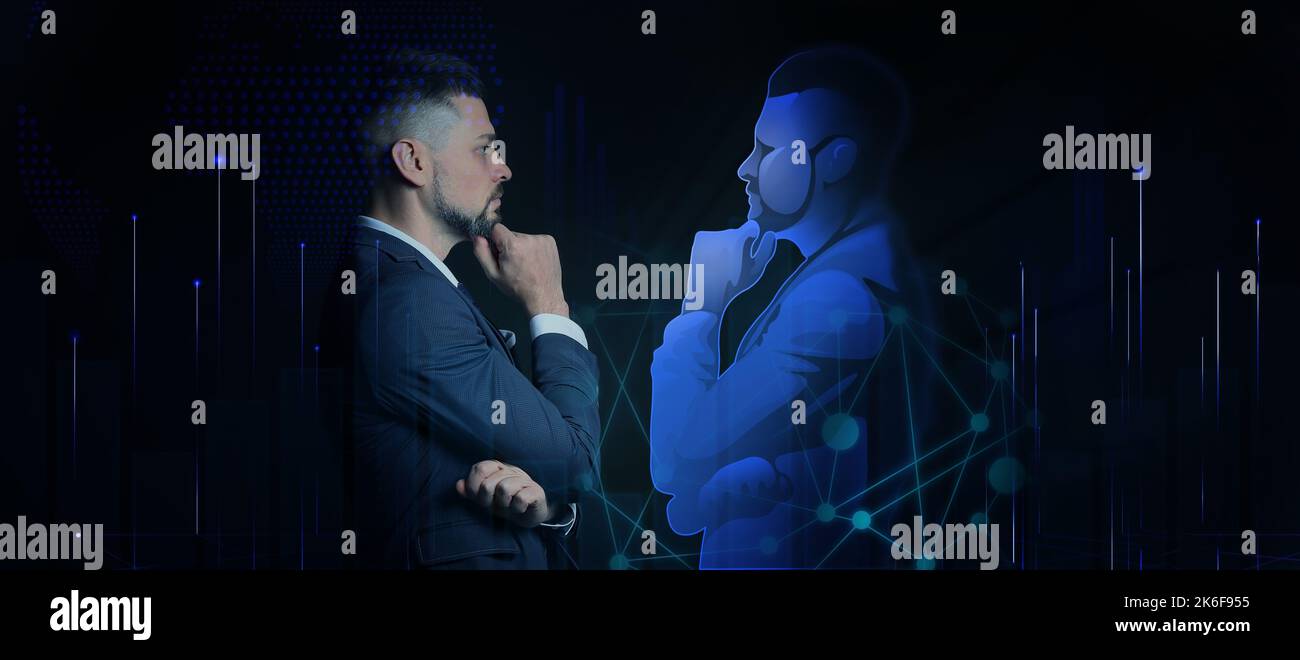 Businessman with his digital projection on dark background. Concept of ...