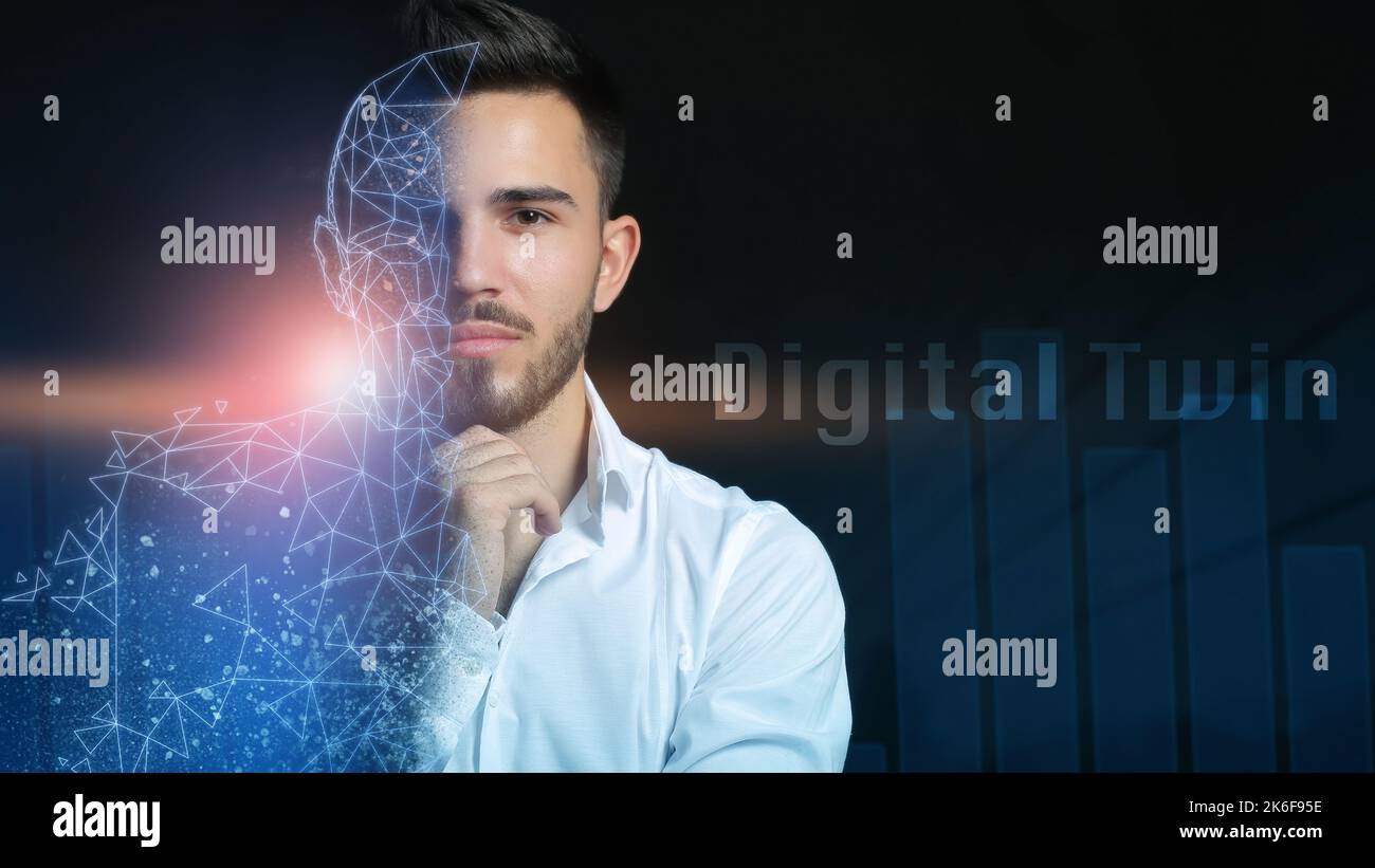 Young businessman with his digital projection on dark background ...