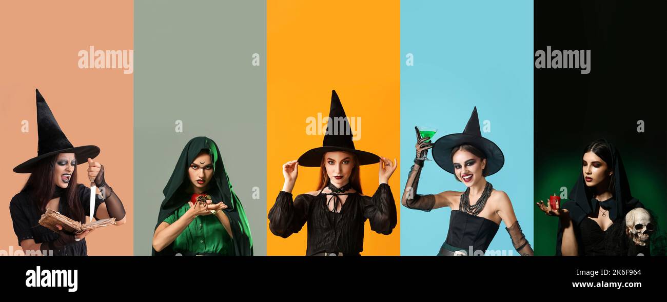 Collage with young witches on colorful background Stock Photo - Alamy