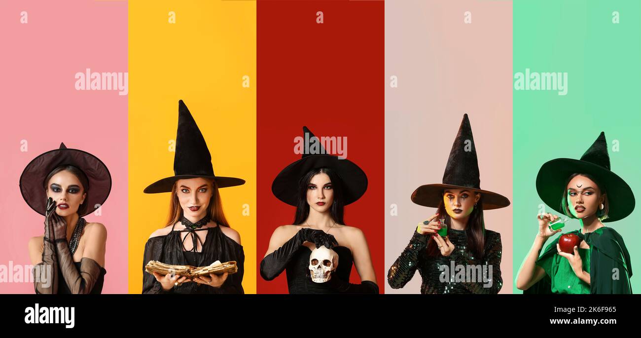 Collage with young witches on colorful background Stock Photo - Alamy