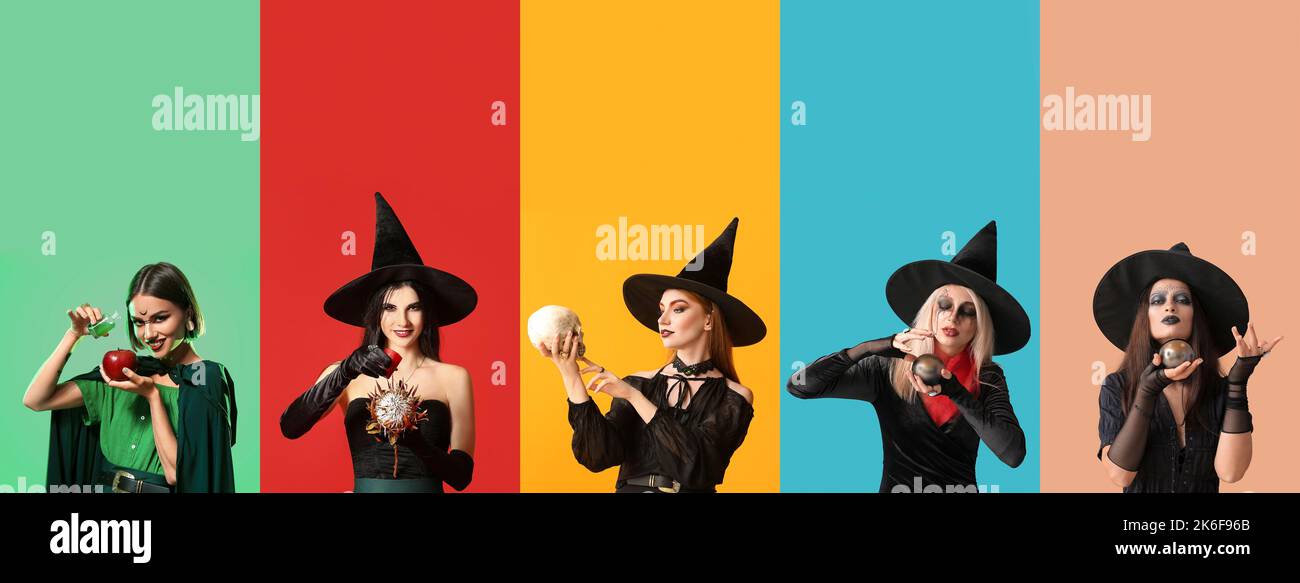 Collage with young witches on colorful background Stock Photo - Alamy