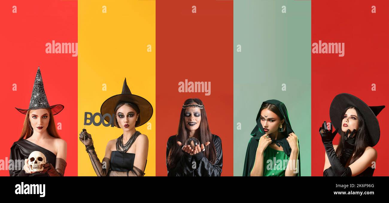 Collage with young witches on colorful background Stock Photo - Alamy
