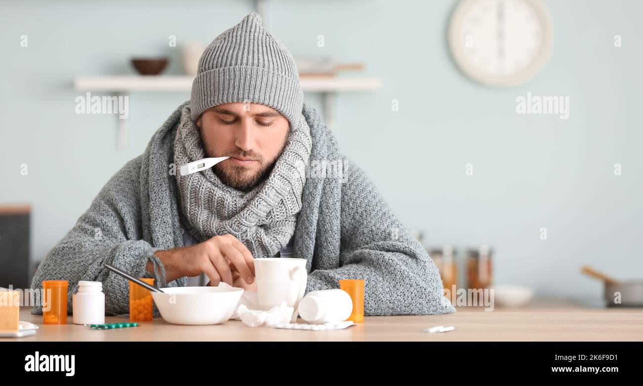 Sick man with chicken soup hi-res stock photography and images - Alamy