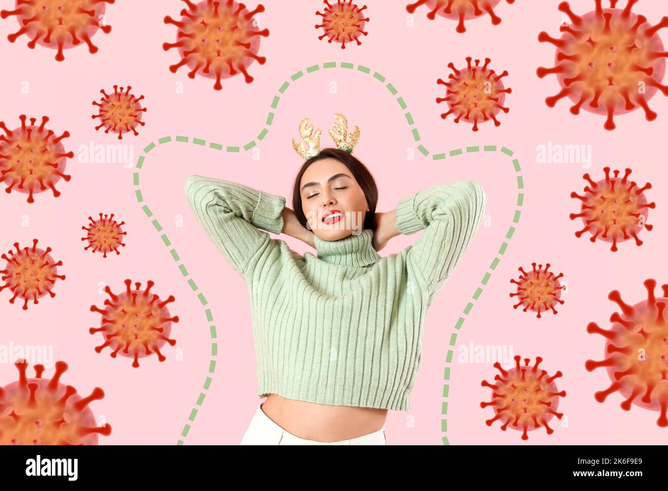 Happy young woman and drawn virus on pink background. Concept of strong ...