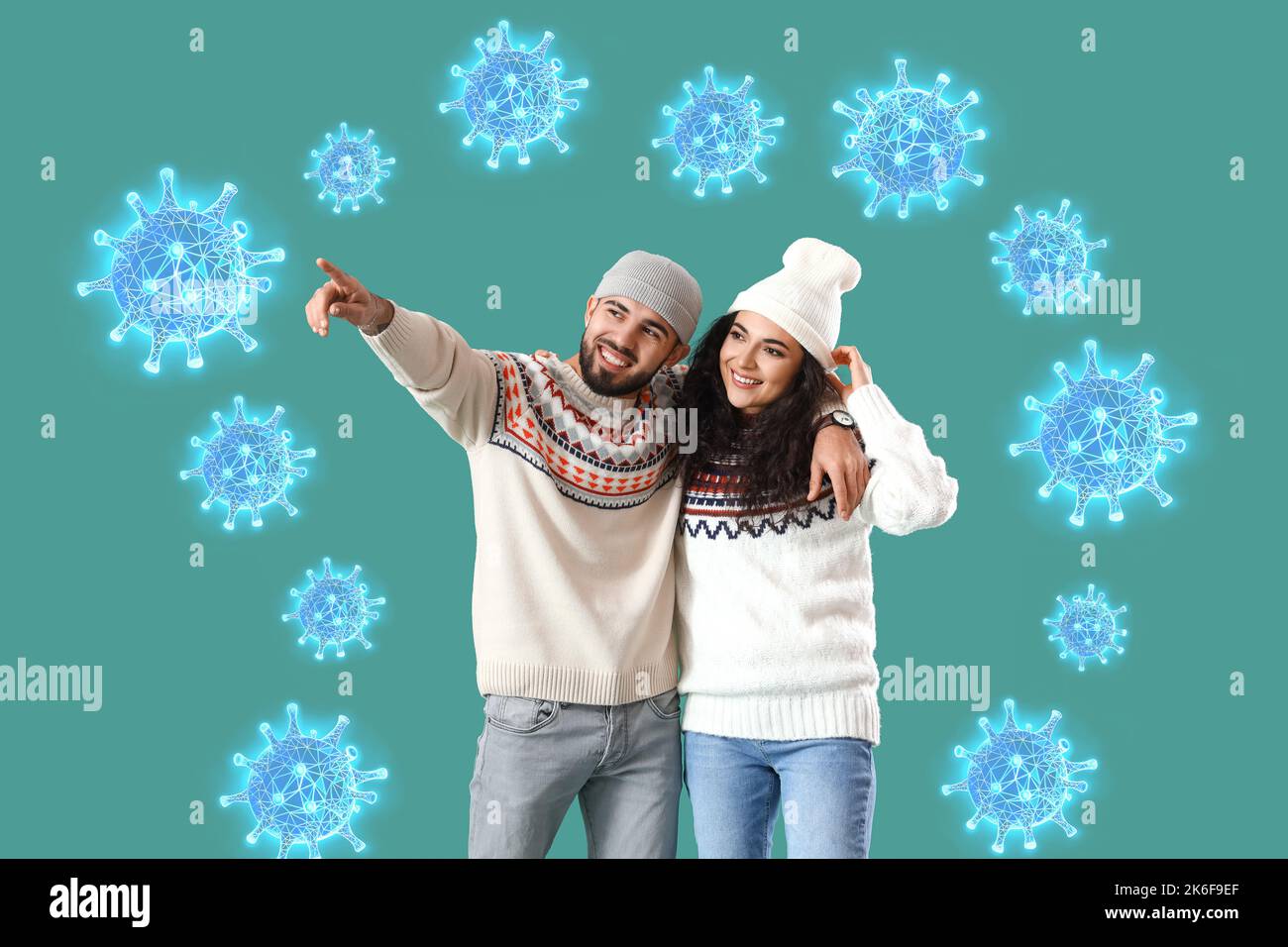 Happy young couple and drawn virus on green background. Concept of ...