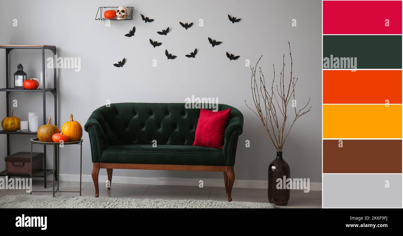 Interior of living room decorated for Halloween. Different color ...