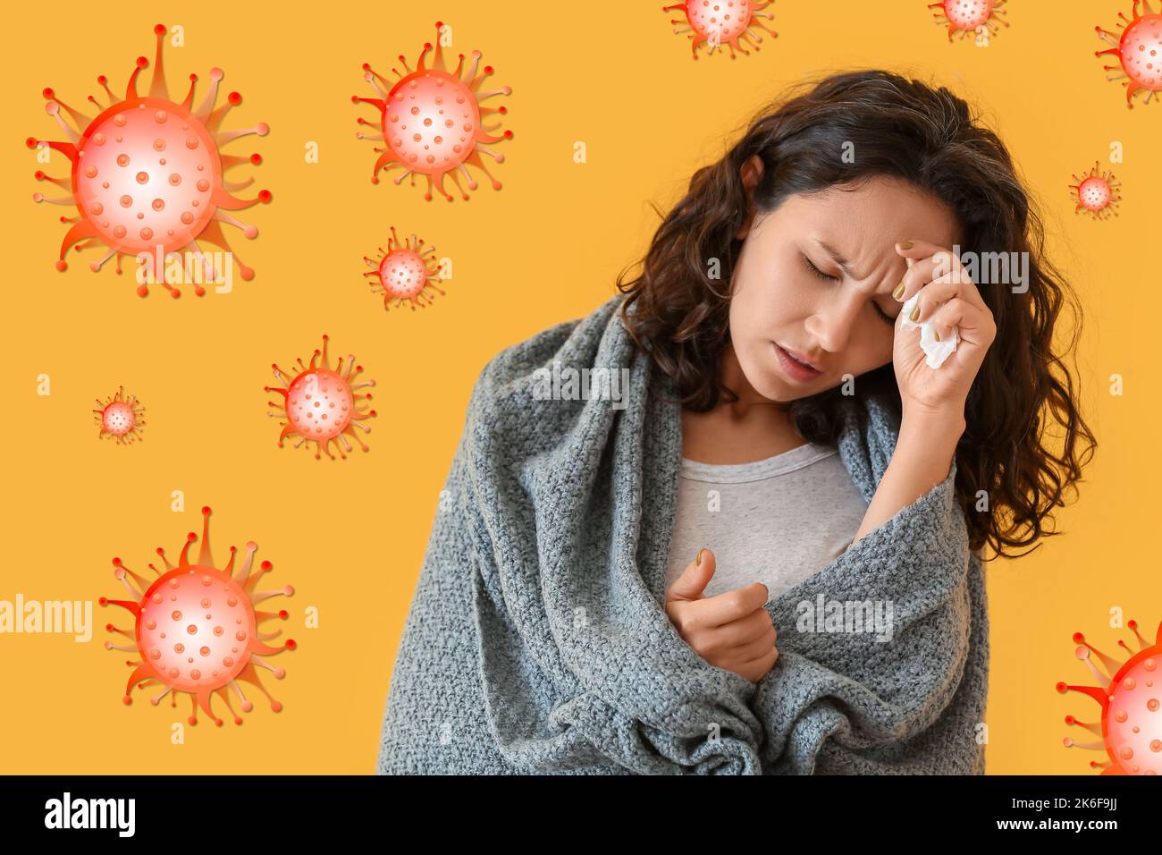 Sick woman on orange background. Concept of coronavirus epidemic Stock ...