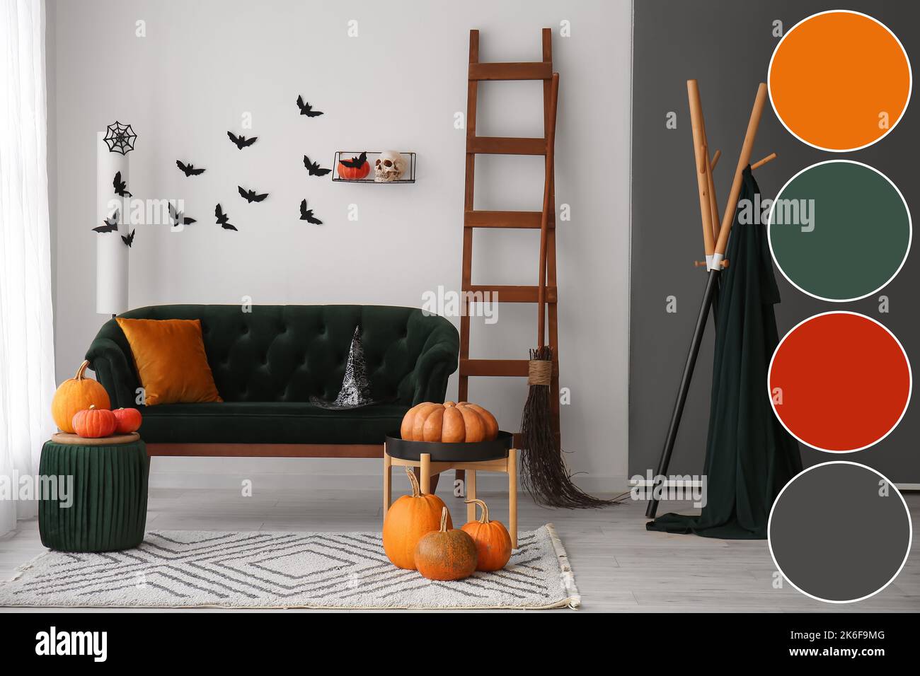 Interior of living room decorated for Halloween. Different color ...