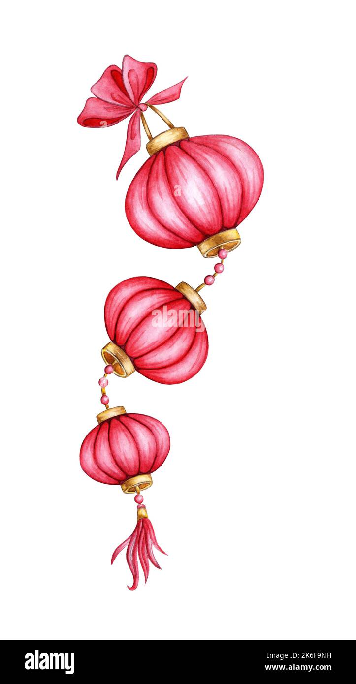 Watercolor illustration of red Chinese lanterns. Holiday, celebration ...