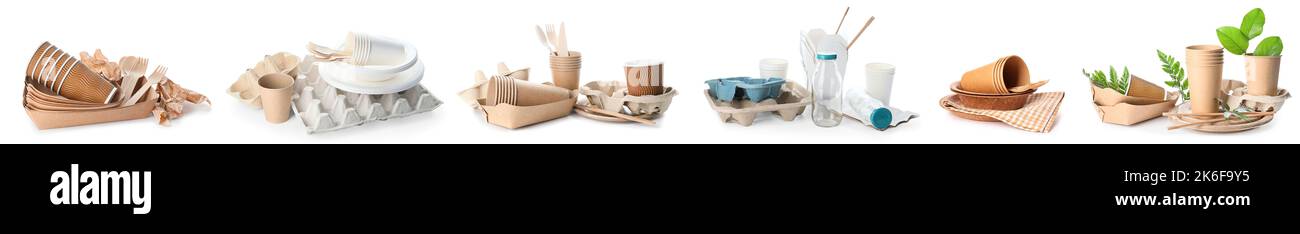 Collage of organic containers for food and tableware on white ...