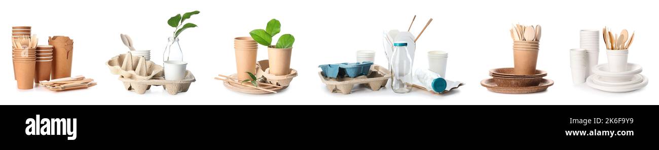 Set of organic containers for food and tableware on white background ...