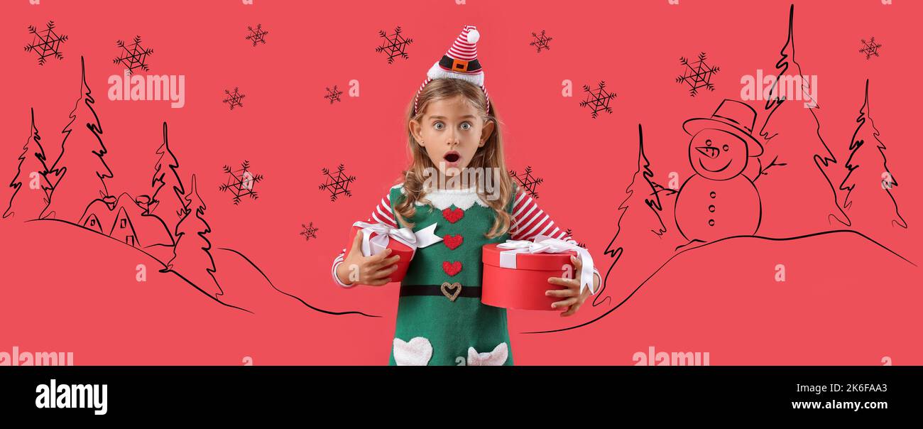 Surprised little girl dressed as elf with Christmas gifts and drawn ...