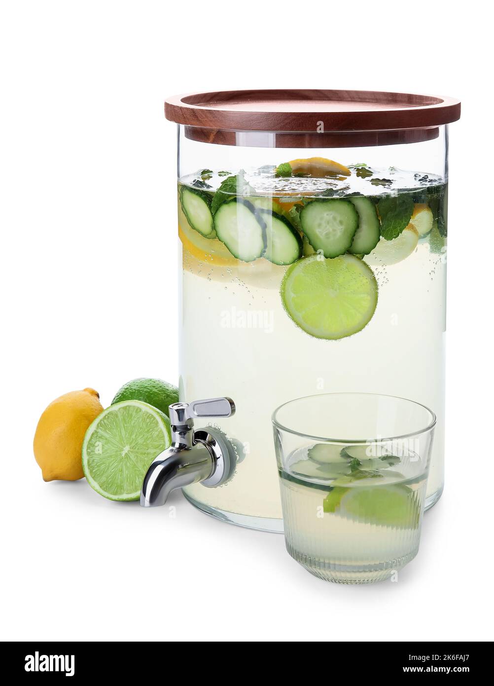 Jar and glass of delicious lemonade on white background Stock Photo - Alamy