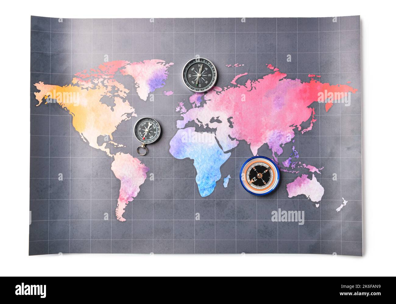 Vintage compasses and world map on white background Stock Photo - Alamy