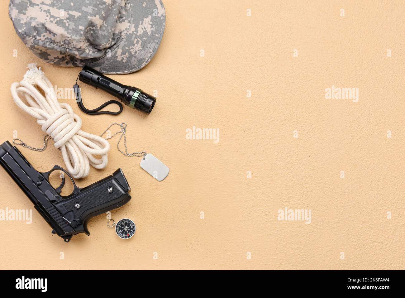 Modern military set on color background Stock Photo - Alamy