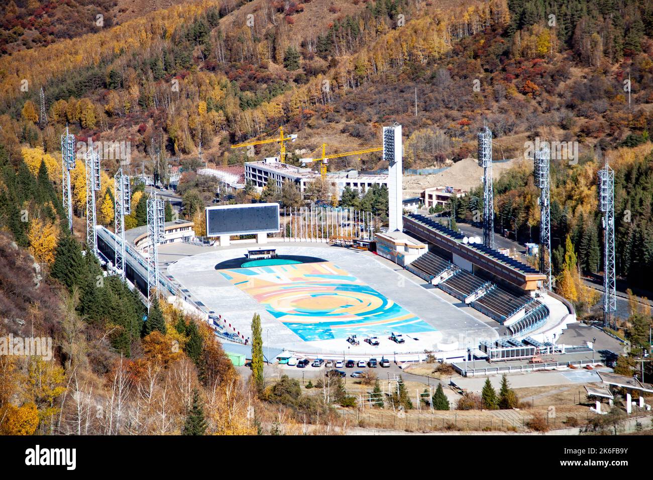 Aerial view of the Medeo stadium in Almaty, Kazakhstan. Autumn season ...