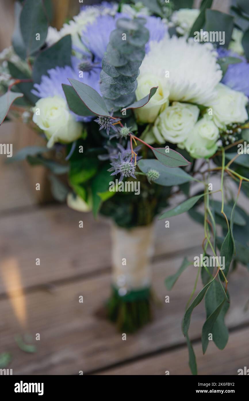 Bridal wedding bouquet - white roses, blue and purple chrysanthemum ...