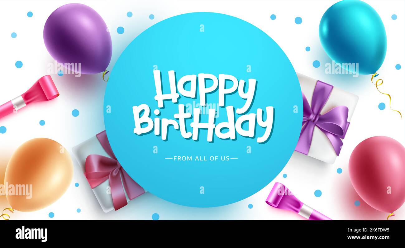 Birthday greeting vector template design. Happy birthday text in blue circle space with balloons ...