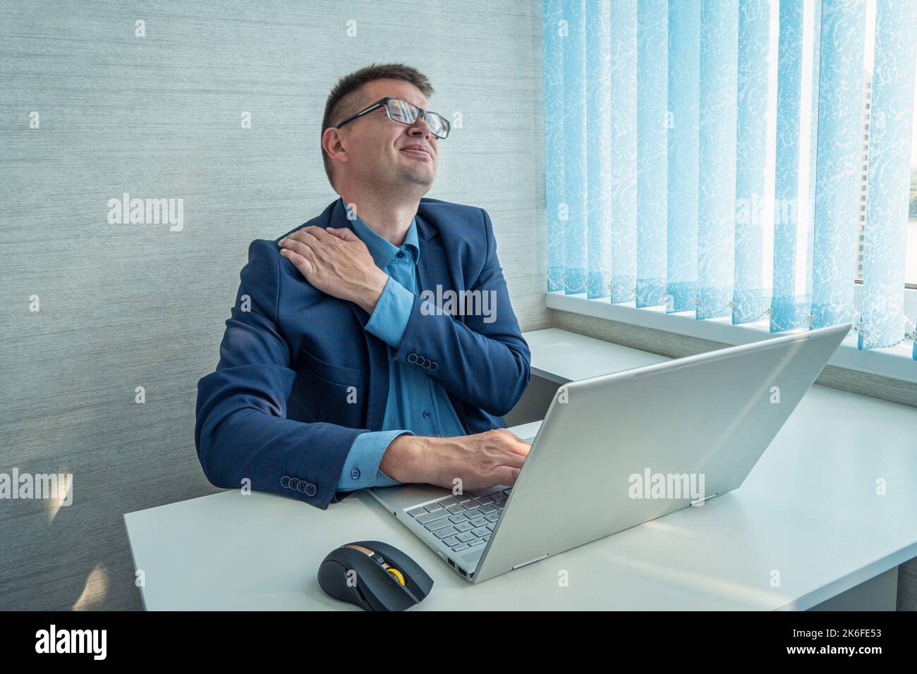 businessman work with computer late at night room. He tired and ...