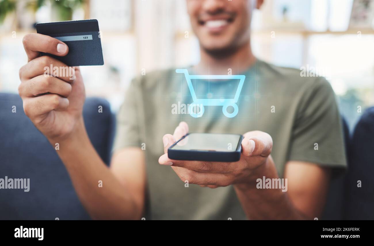 Online shopping, cart hologram and credit card with phone ecommerce ...
