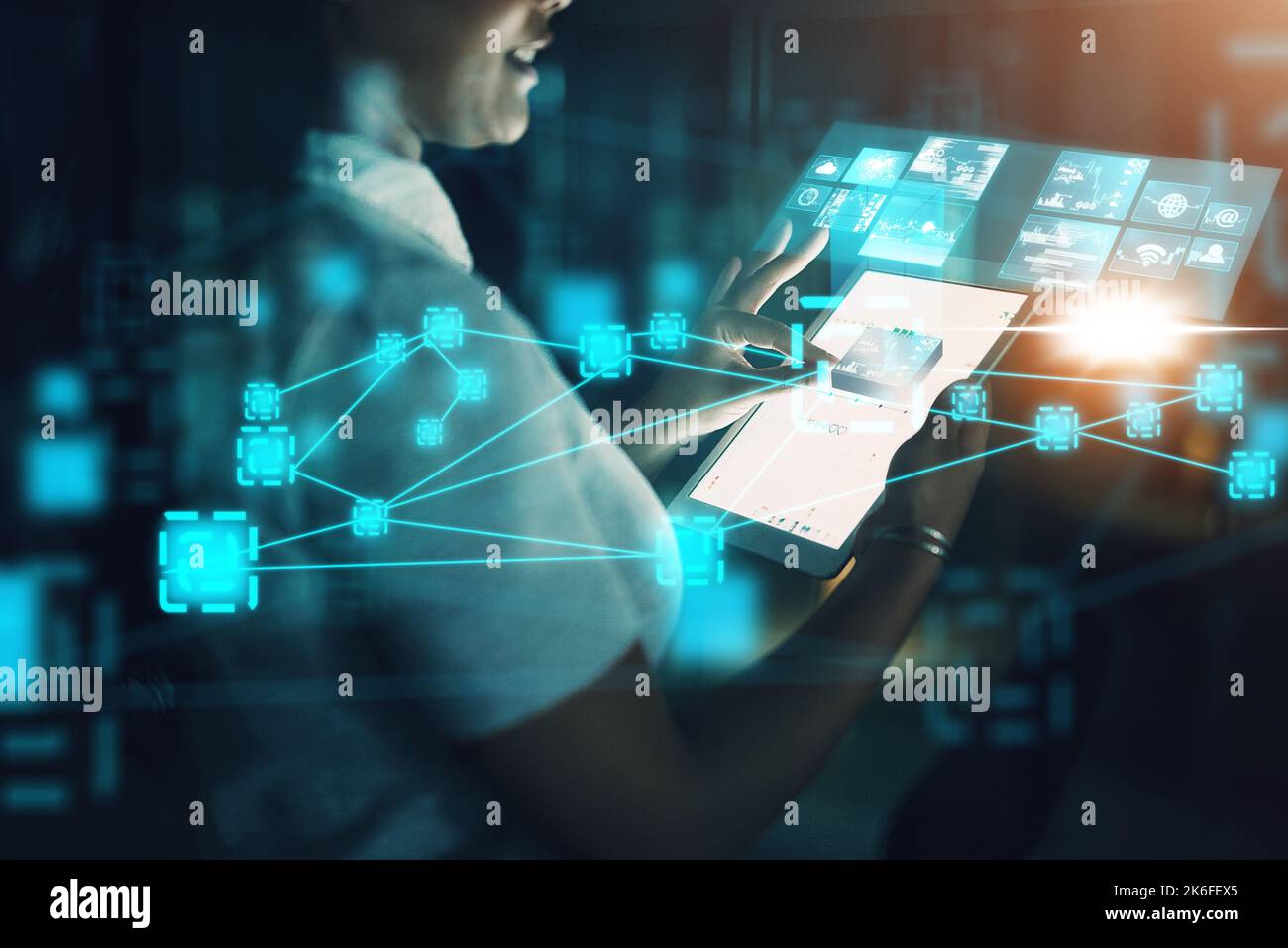 Woman, AI and digital tablet at night working with big data, UI and ...