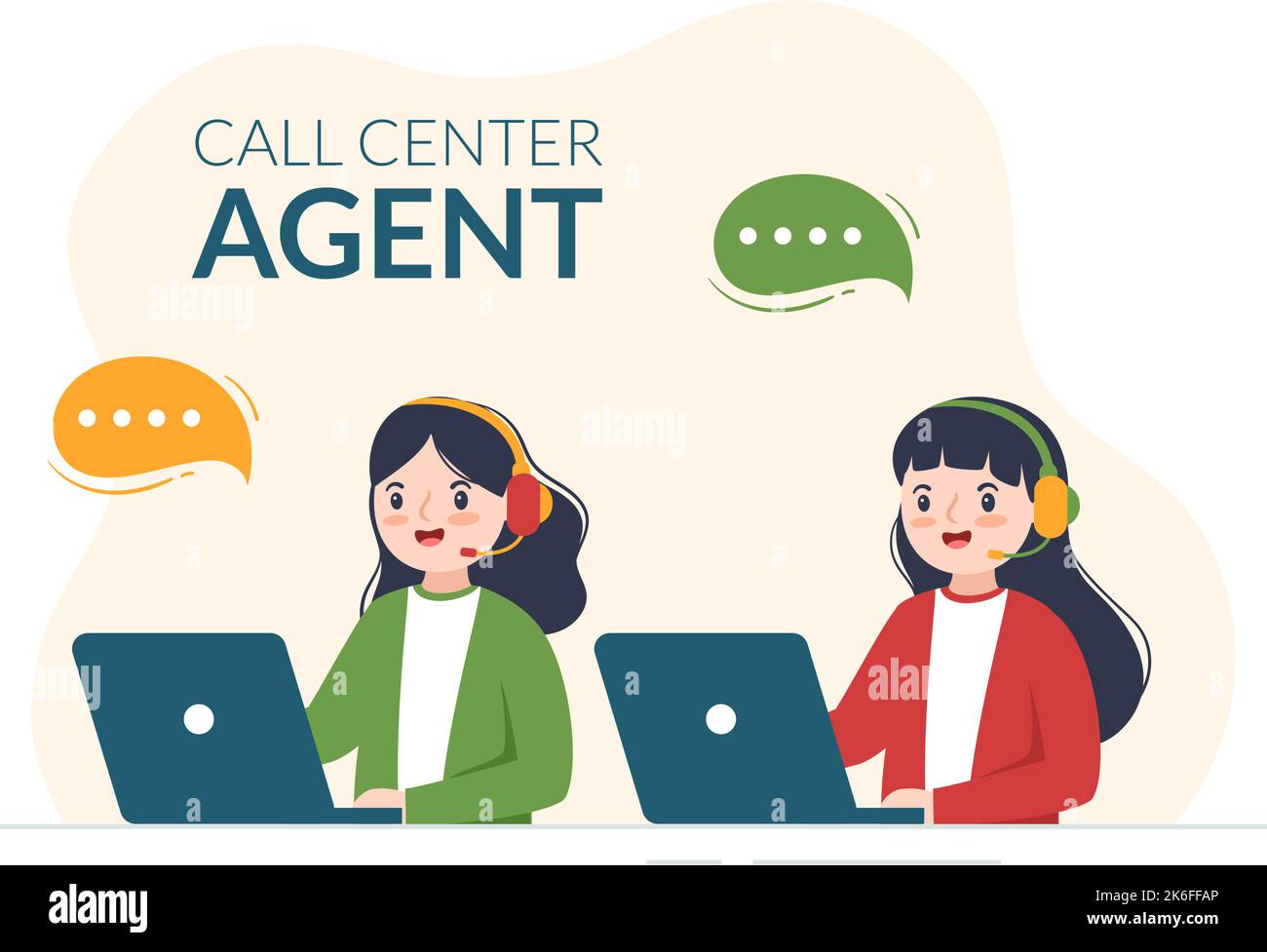 Call Center Agent of Customer Service or Hotline Operator with Headsets and Computers in Flat ...