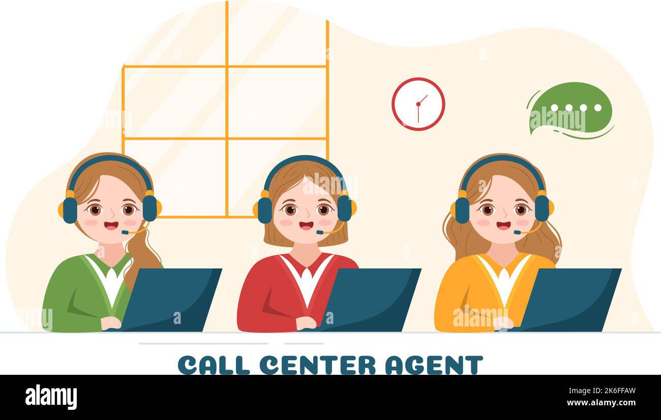 Call Center Agent of Customer Service or Hotline Operator with Headsets and Computers in Flat ...