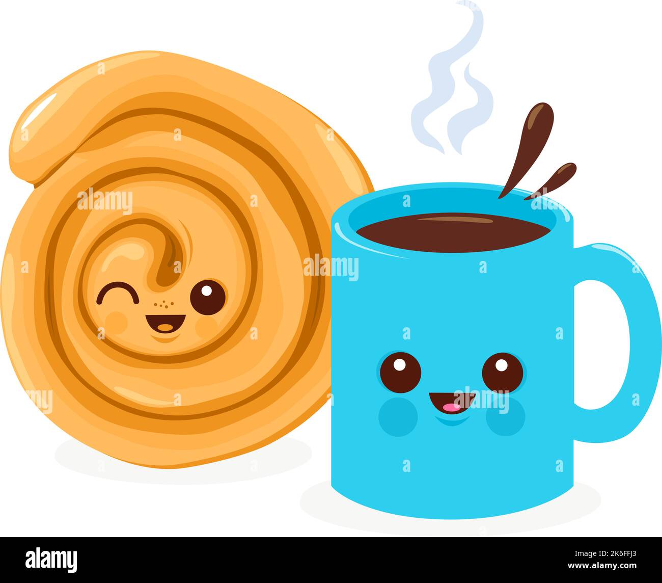 Cup of coffee or tea with cinnamon roll. Cute cartoon characters ...