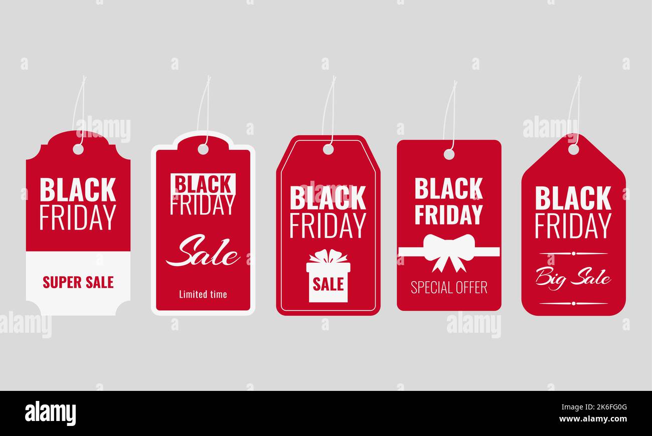 Set of black friday sale labels in different shapes in red and white ...