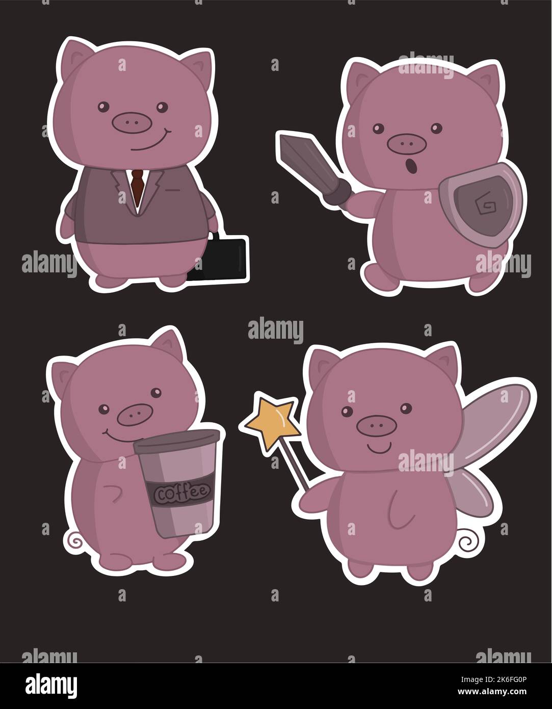 Cute cartoon pig with white stroke goes to work pack Stock Vector Image ...