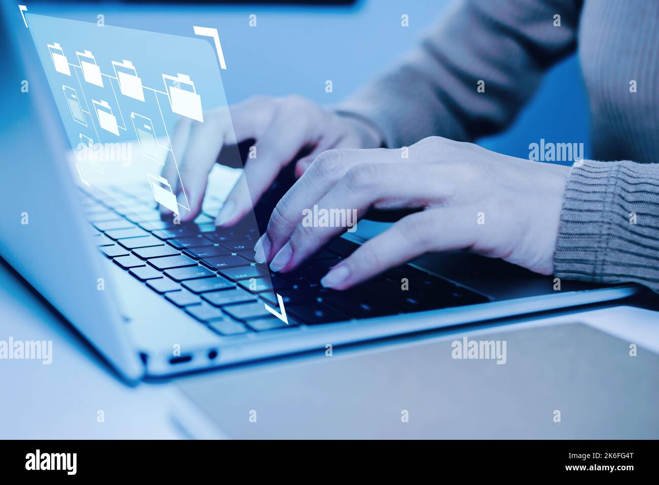 Document management system. people hand using laptop computer with ...