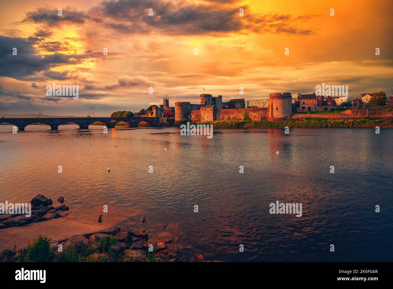 An aerial view of King Johns castle surrounded by water in Limerick ...