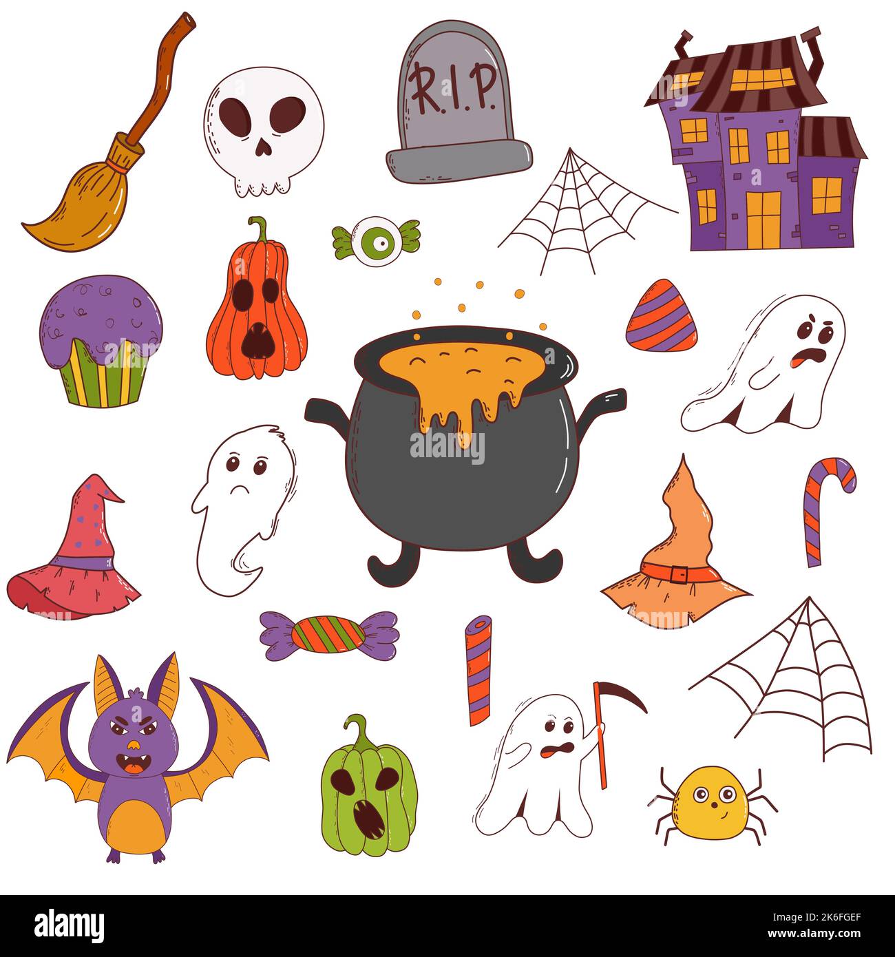 Funny halloween set: pumpkin, ghost, witch hat, bat, sweets, spider ...